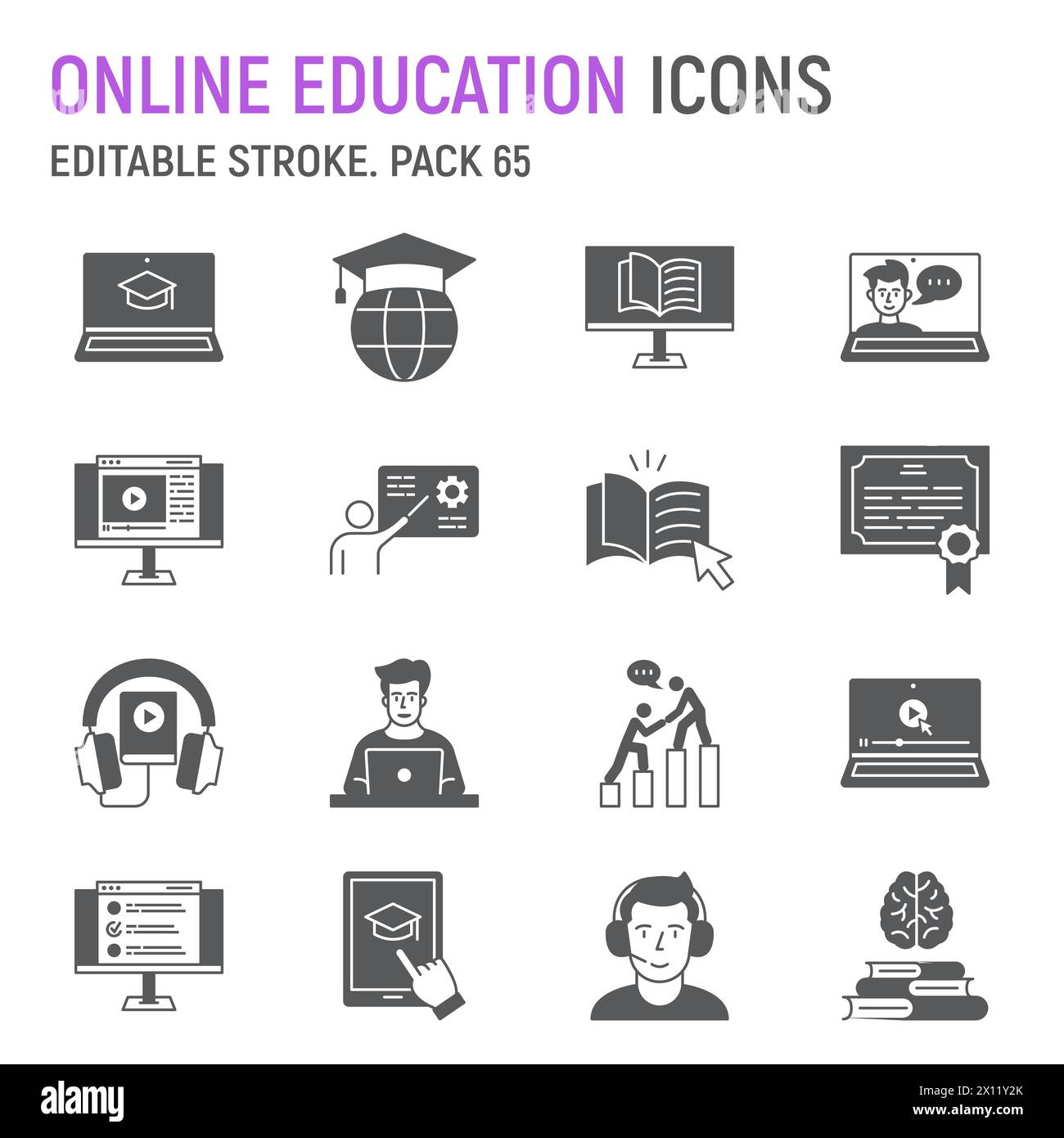 Online education glyph icon set, e-learning collection, vector graphics ...