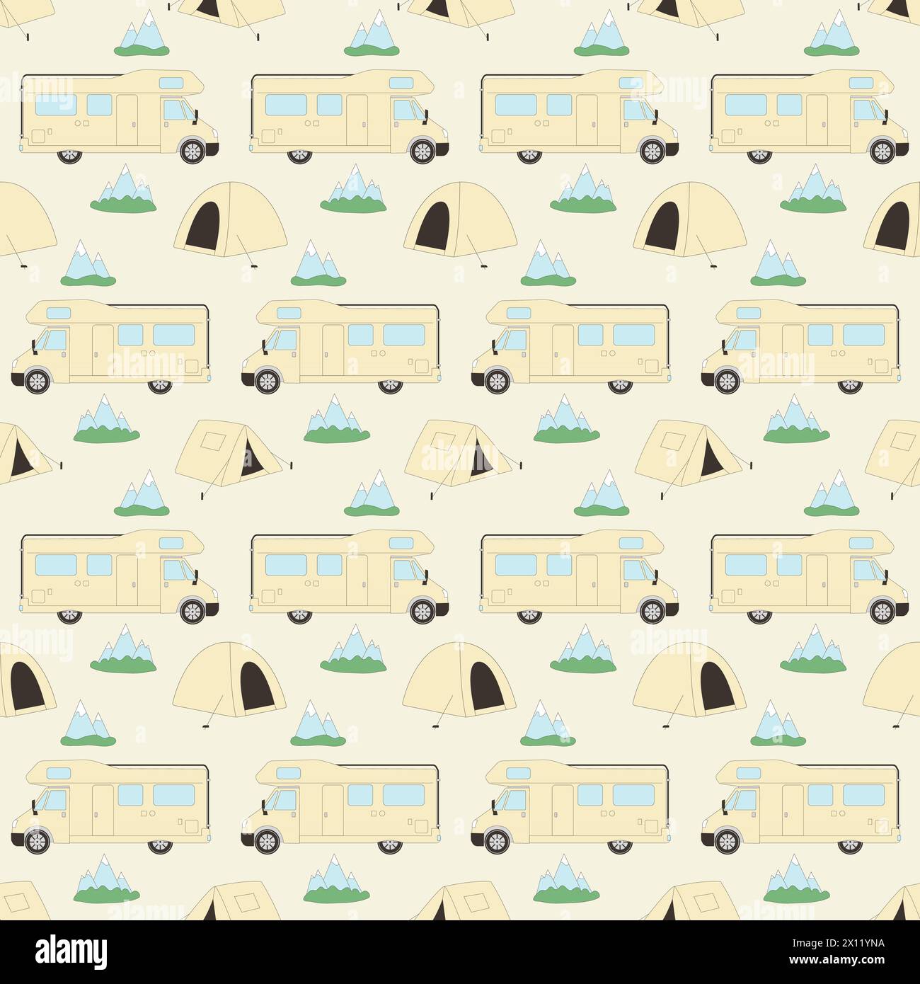 Camping seamless pattern. Van with tents endless background. Forest and ...