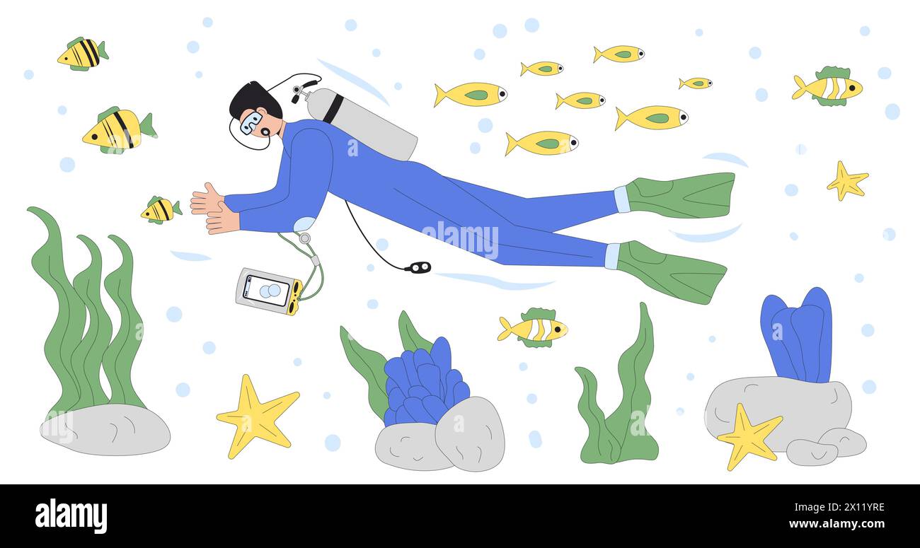 Dive concept Man divers swimming in water suits, oxygen masks, tanks ...