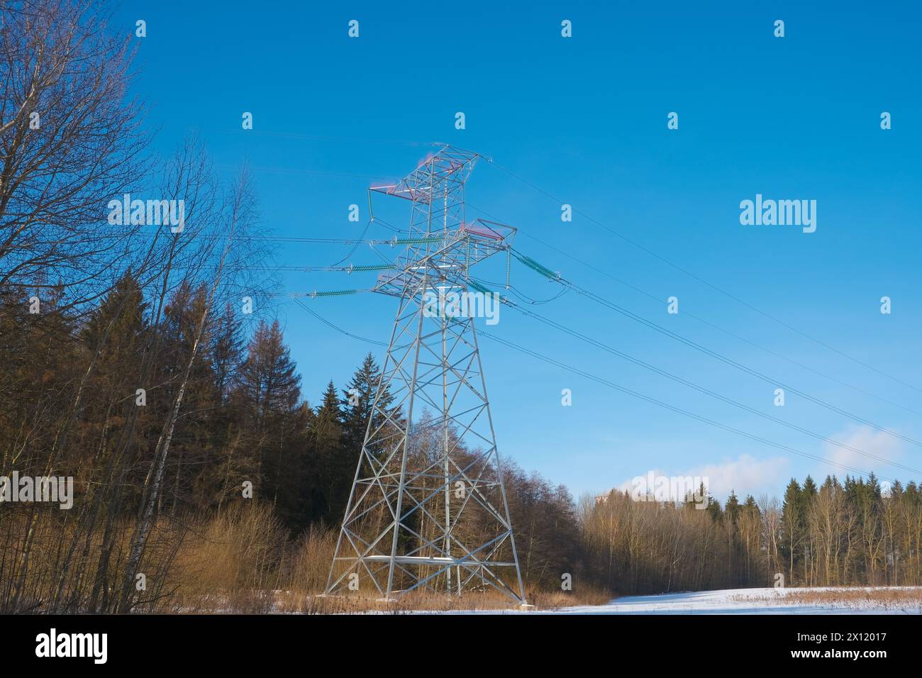 Electric power masts and cables, pylons. Electricity power station ...