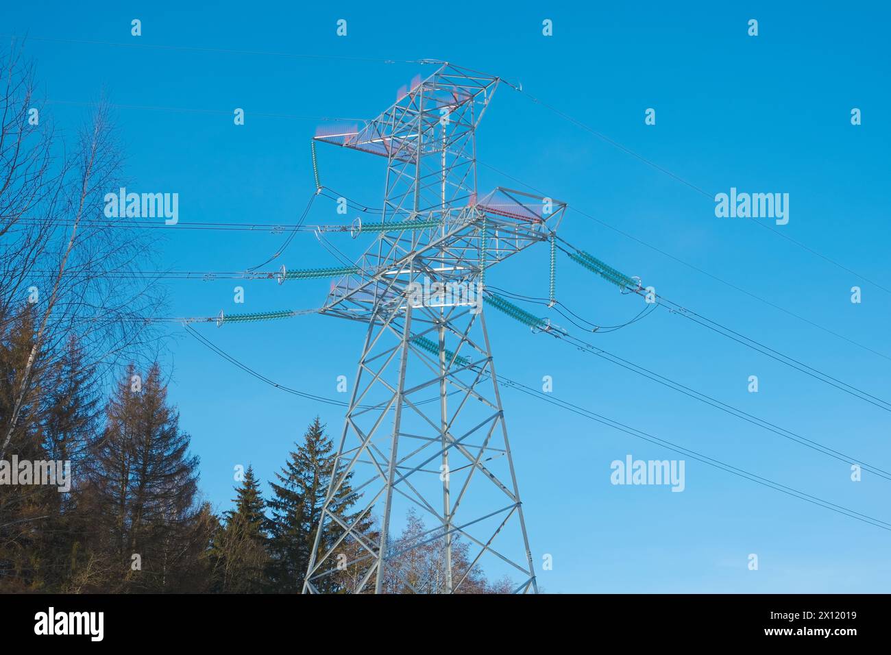 Electric power masts and cables, pylons. Electricity power station ...