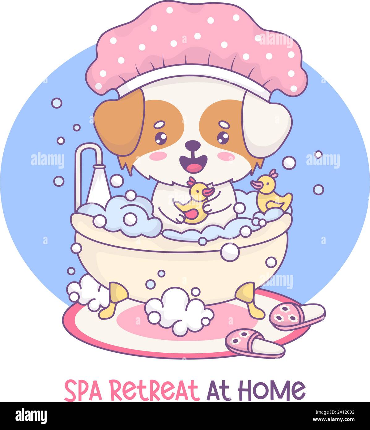 Cute cartoon dog wearing pink shower cap is sitting in sudsy bathtub is ...