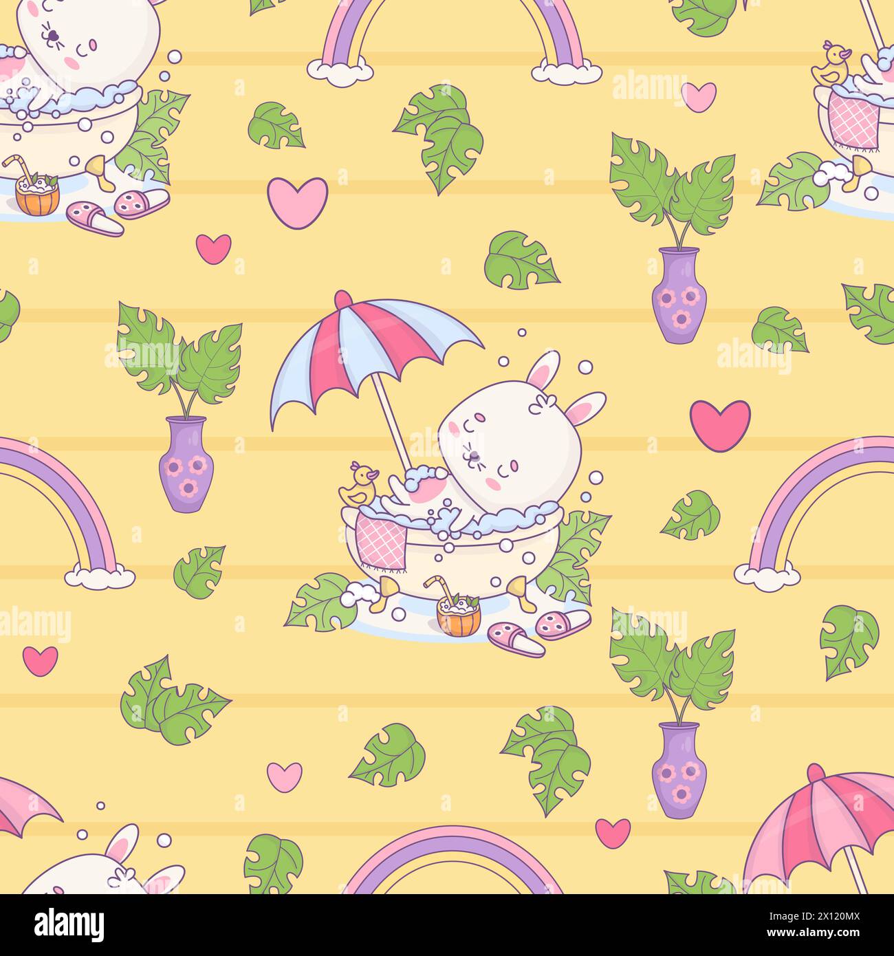 Seamless pattern with bunny rests in bubble bath under sun umbrella on ...