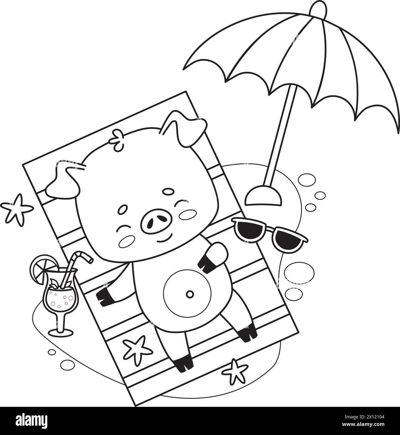 Happy beach piglet sunbathing and resting under sun umbrella. Cute ...