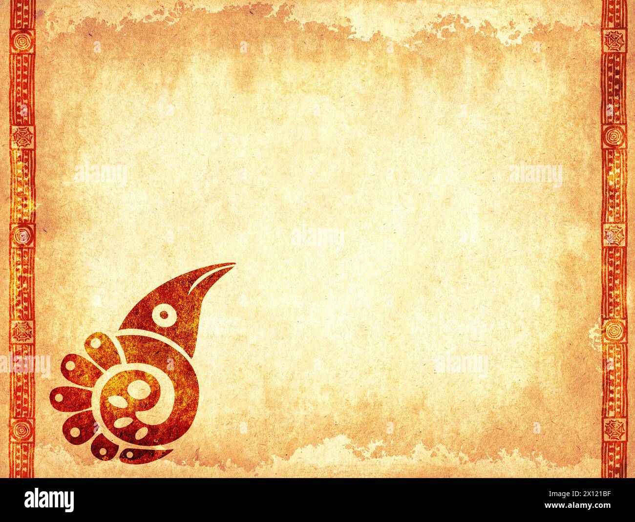 Horizontal grunge background with border and bird, ethnicity ornament ...