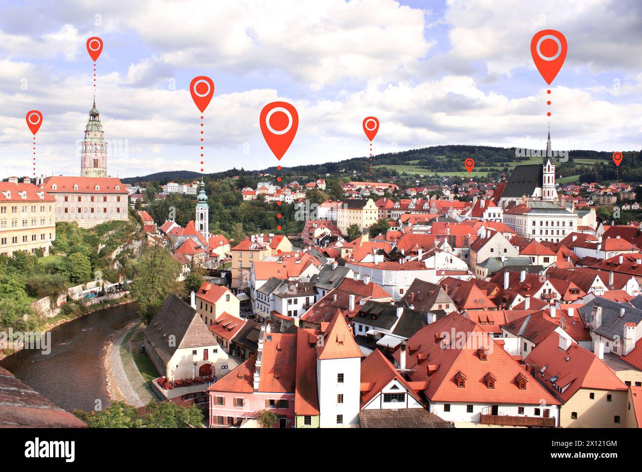 Network connection concept. Aerial view on old city Cesky Krumlov ...