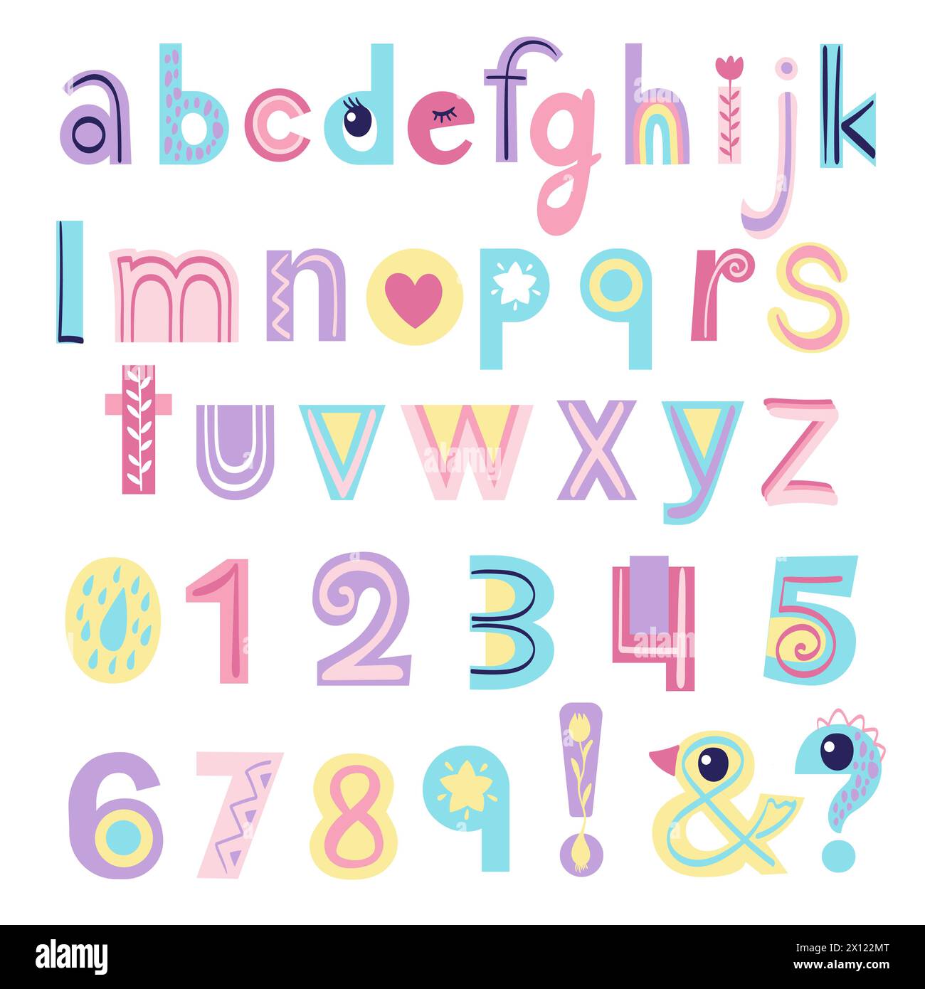 English letters and numbers of Pastel colors for kids. Doodle font for ...