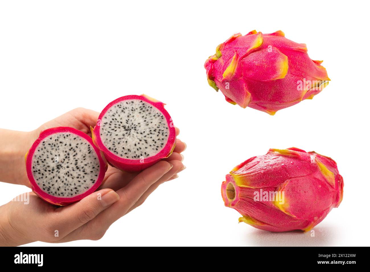 Sweet tasty dragon fruit or pitaya in woman hand isolated on white ...