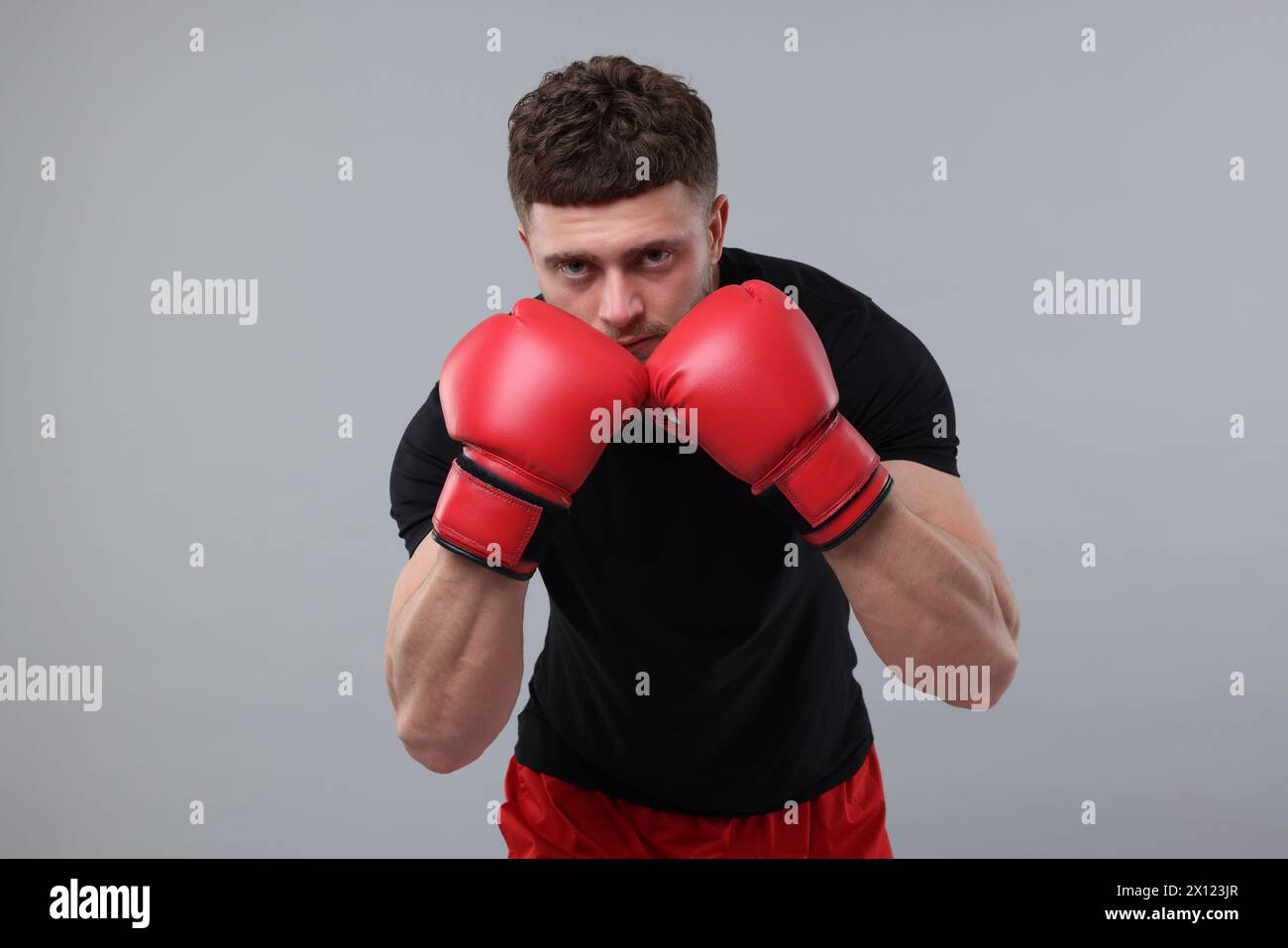 Man in boxing gloves on grey background Stock Photo - Alamy