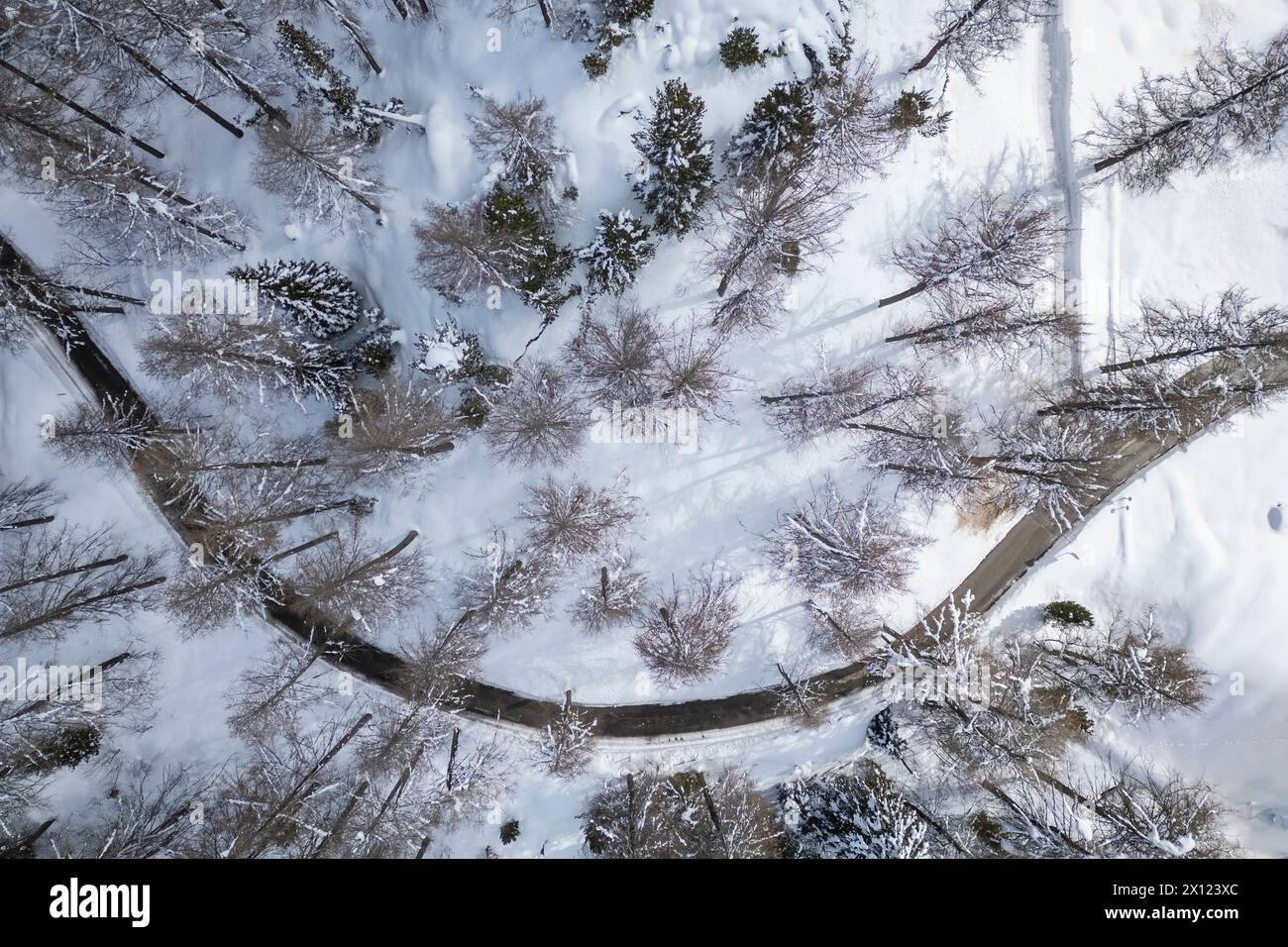 Aerial view of the Maloja Pass covered in snow. Maloja, Bregaglia ...