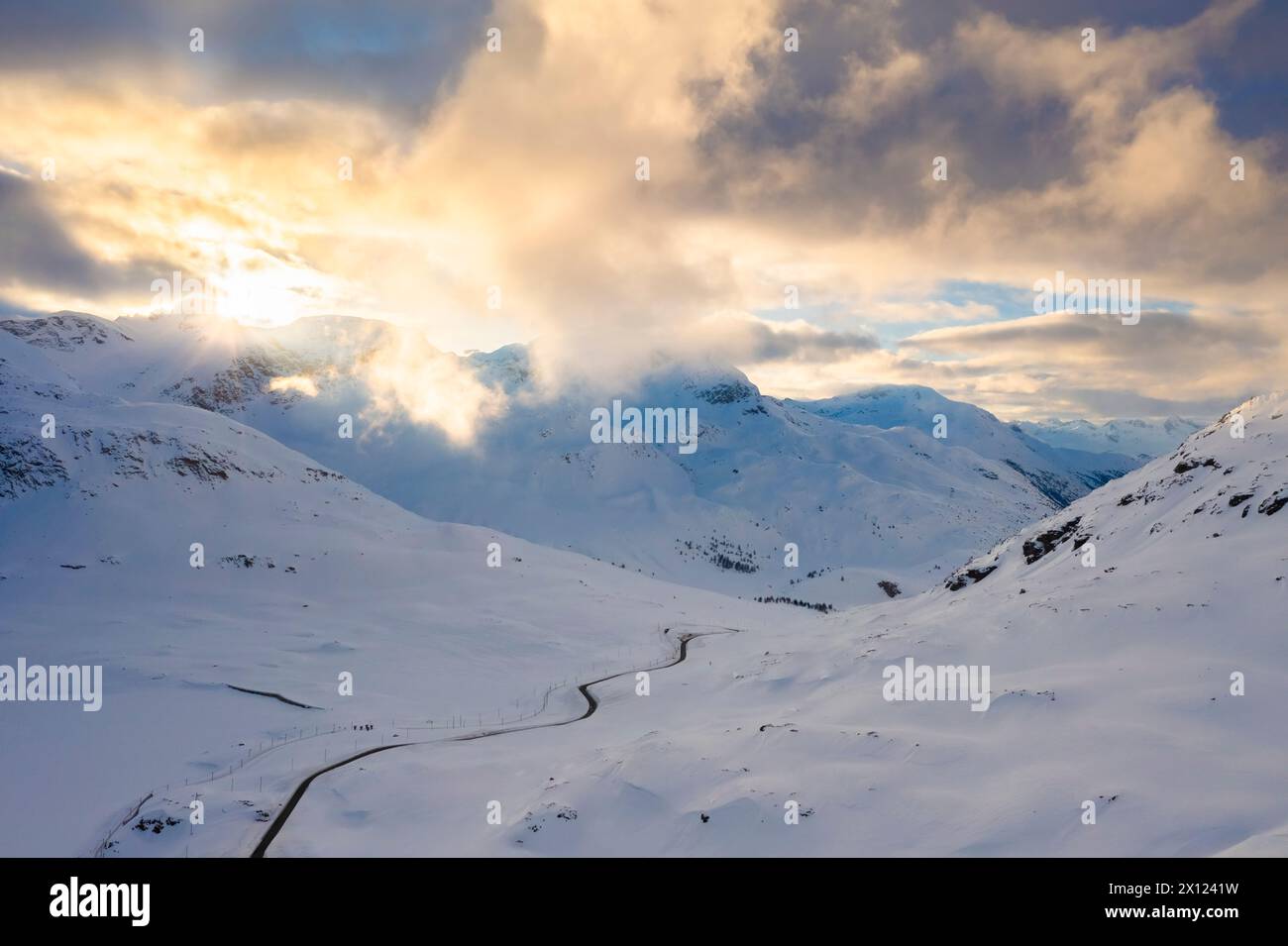 Aerial view of the frozen lakes and mountains at Bernina pass ...