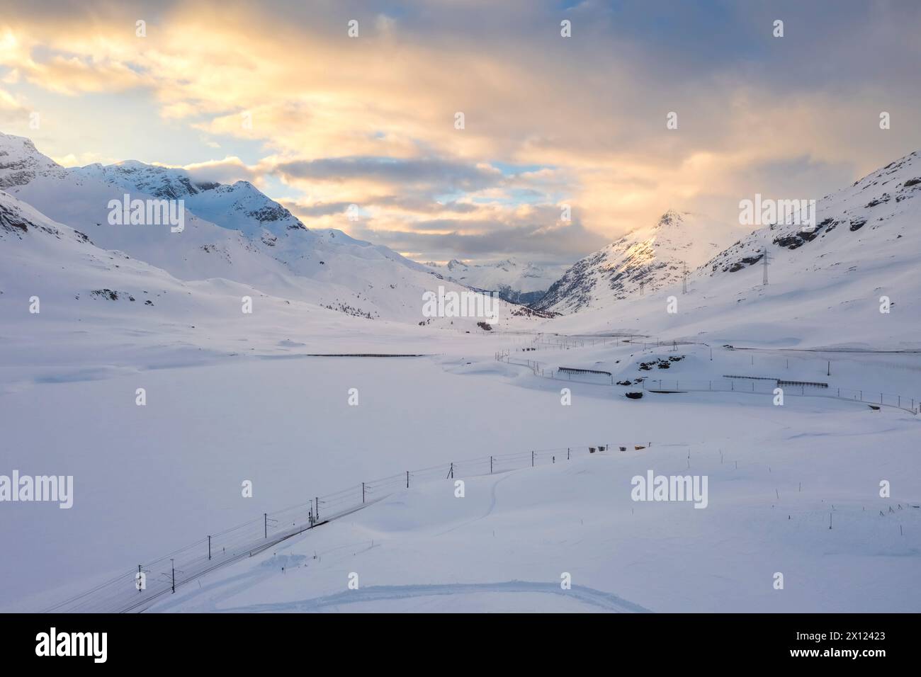 Aerial view of the frozen lakes and mountains at Bernina pass ...