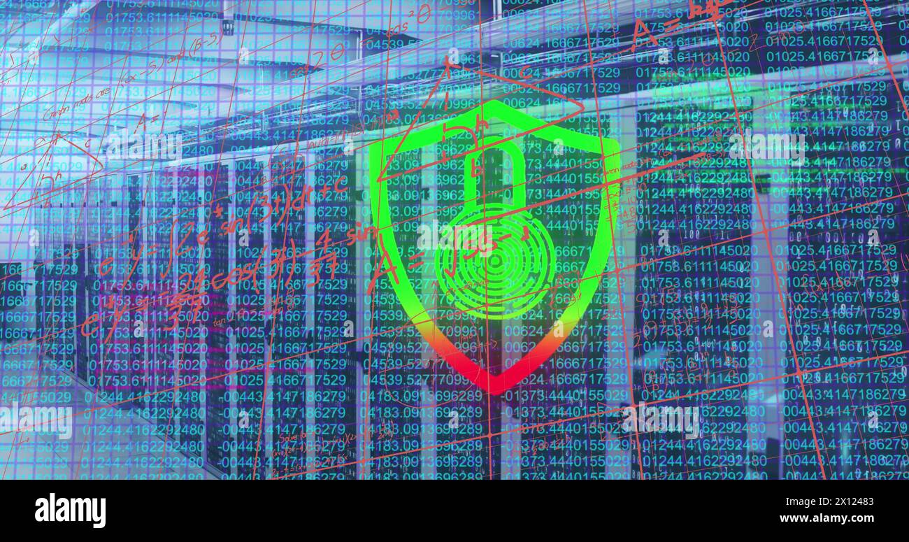 Image of security padlock icon and data processing against computer server room Stock Photo - Alamy