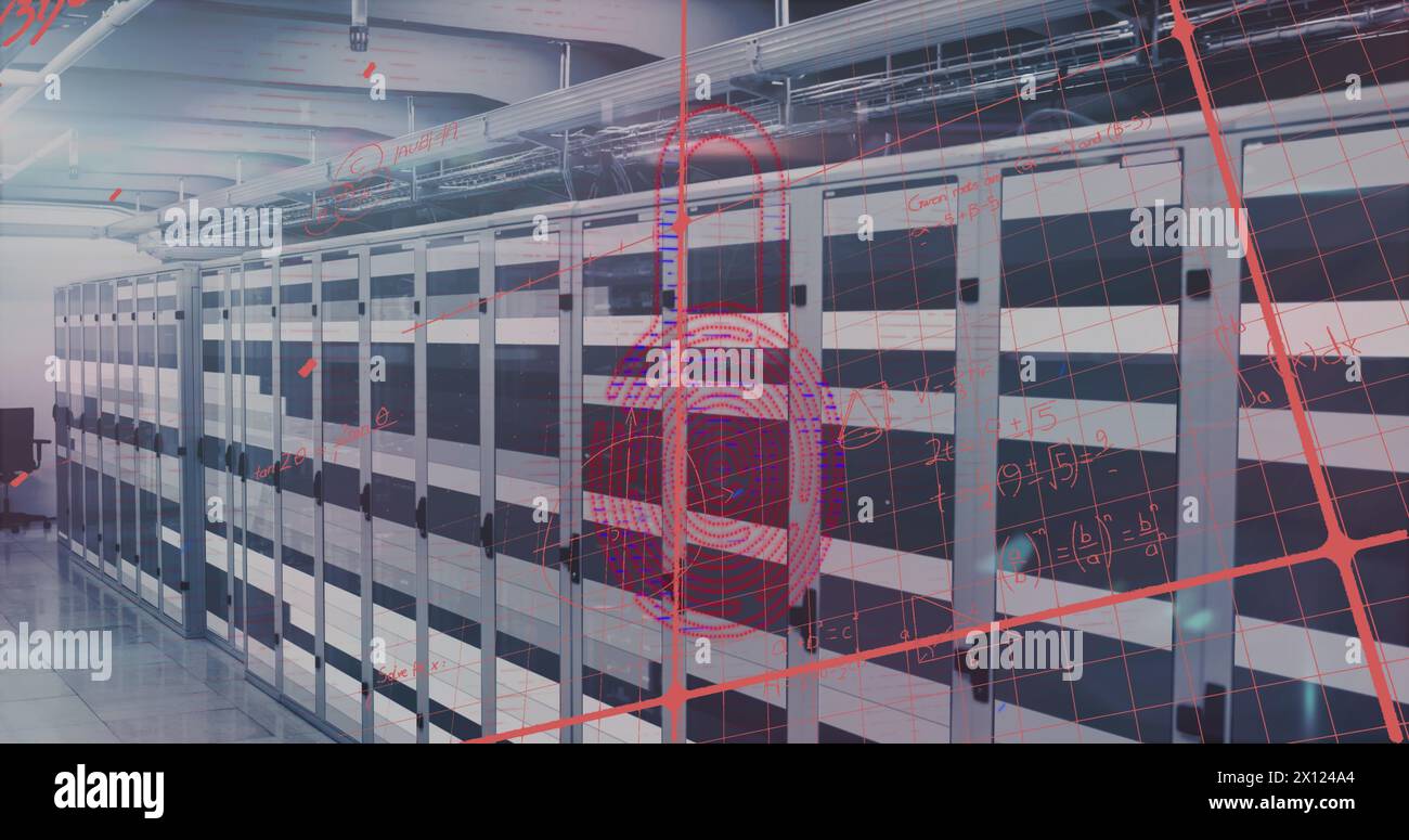 Image of security padlock icon and mathematical equations against computer server room Stock ...
