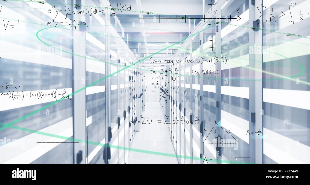 Image of mathematical equations against light trails over computer ...