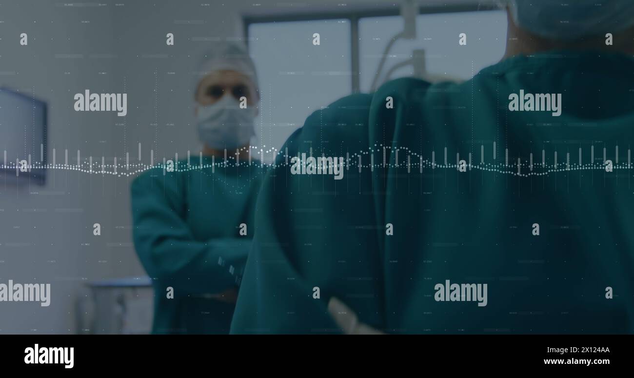 Image Of Data Processing Over Portrait Of Male And Female Surgeon In