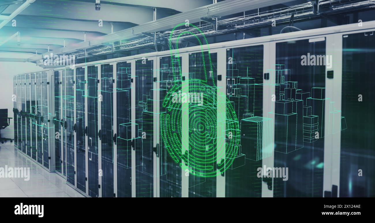 Image of security padlock icon over 3d city model spinning against computer server room Stock ...