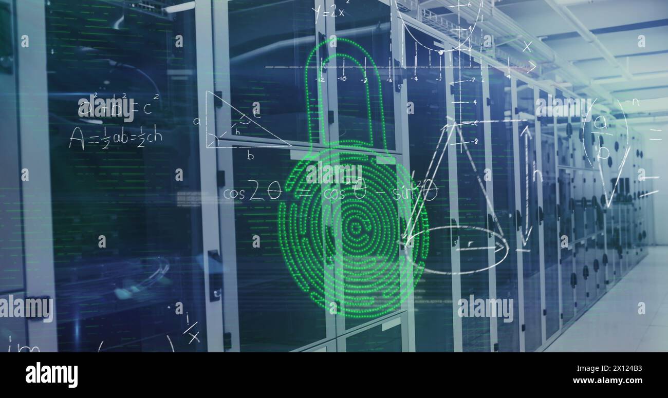 Image of security padlock icon and mathematical equations against ...