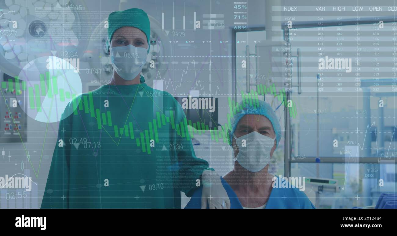 Image of data processing over portrait of male and female surgeon in ...