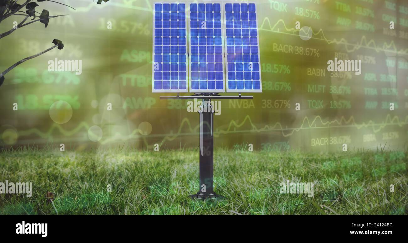 Image of financial data processing over solar panel on grass and green ...