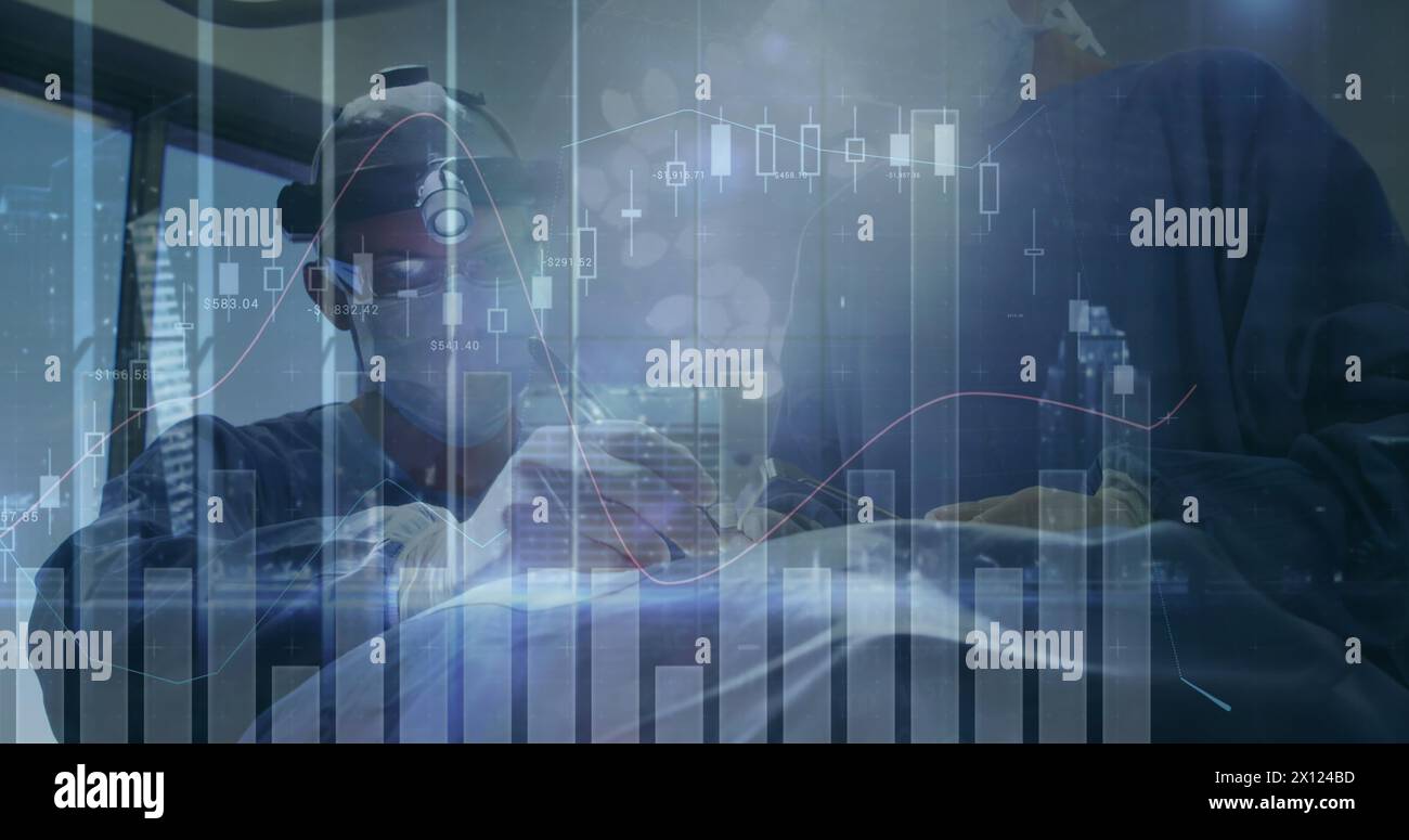 Image Of Data Processing Over Male And Female Surgeon Performing