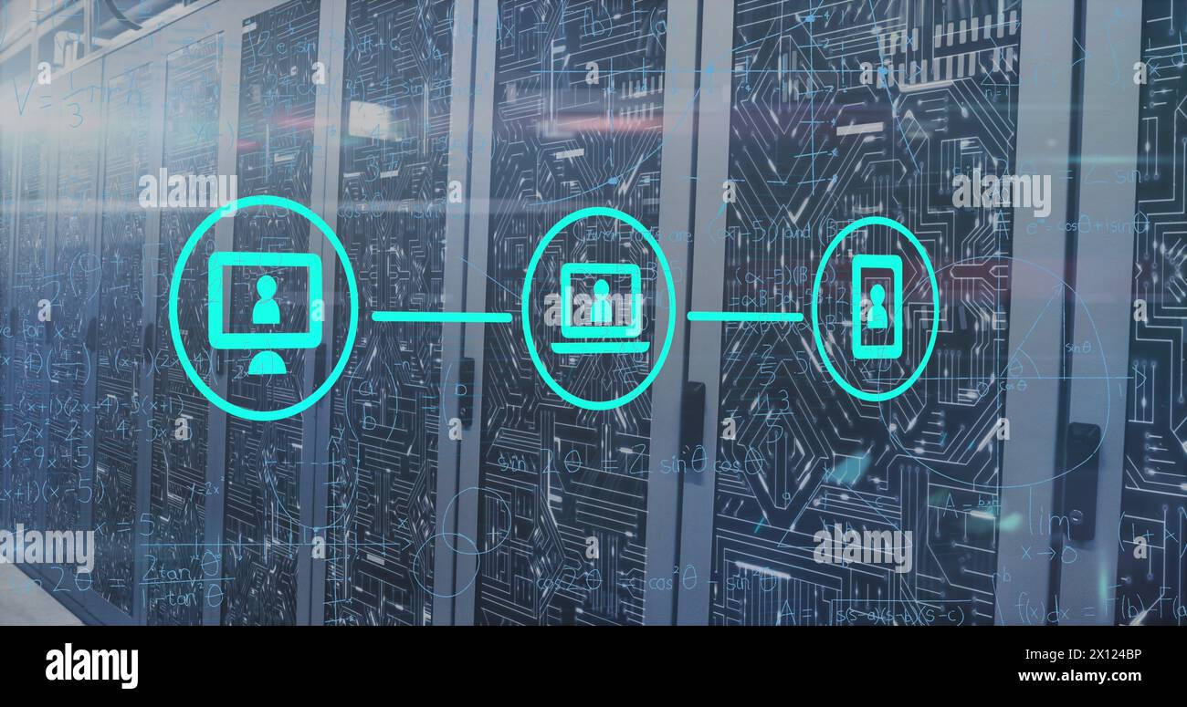 Image of network of digital icons against microprocessor connections over computer server room ...