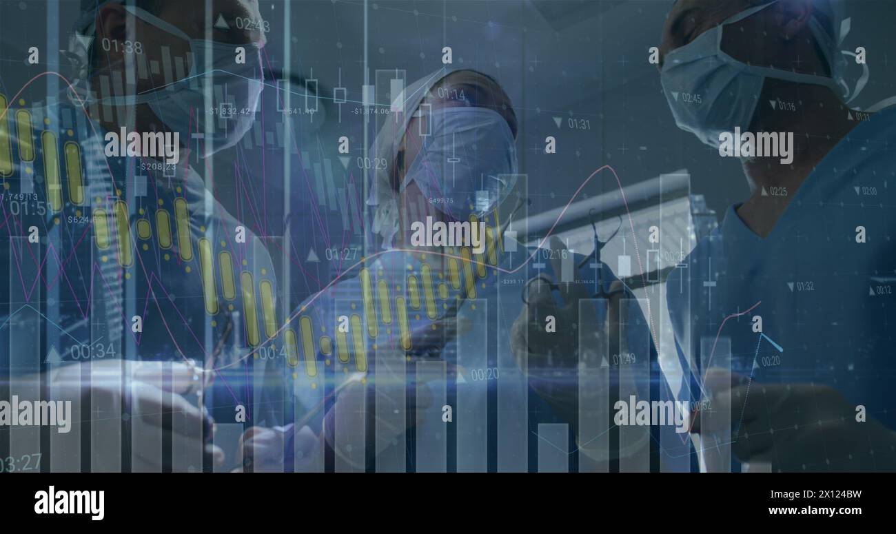 Image of statistical data processing over team of surgeons performing ...