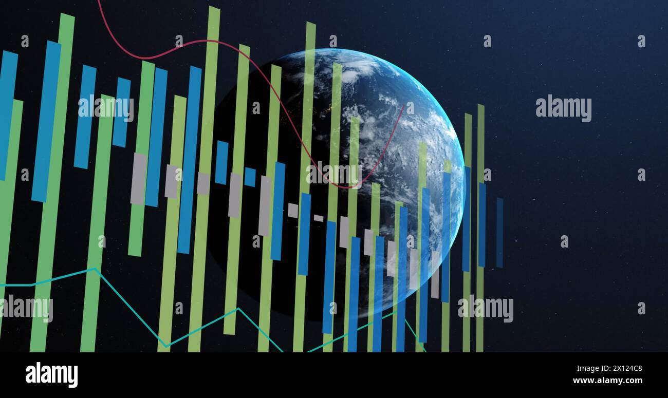Image of statistics and data processing over earth globe on blue ...