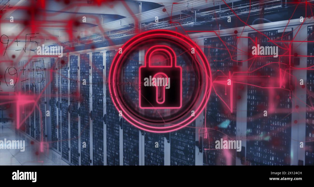 Image of security padlock icon and mathematical equations against ...