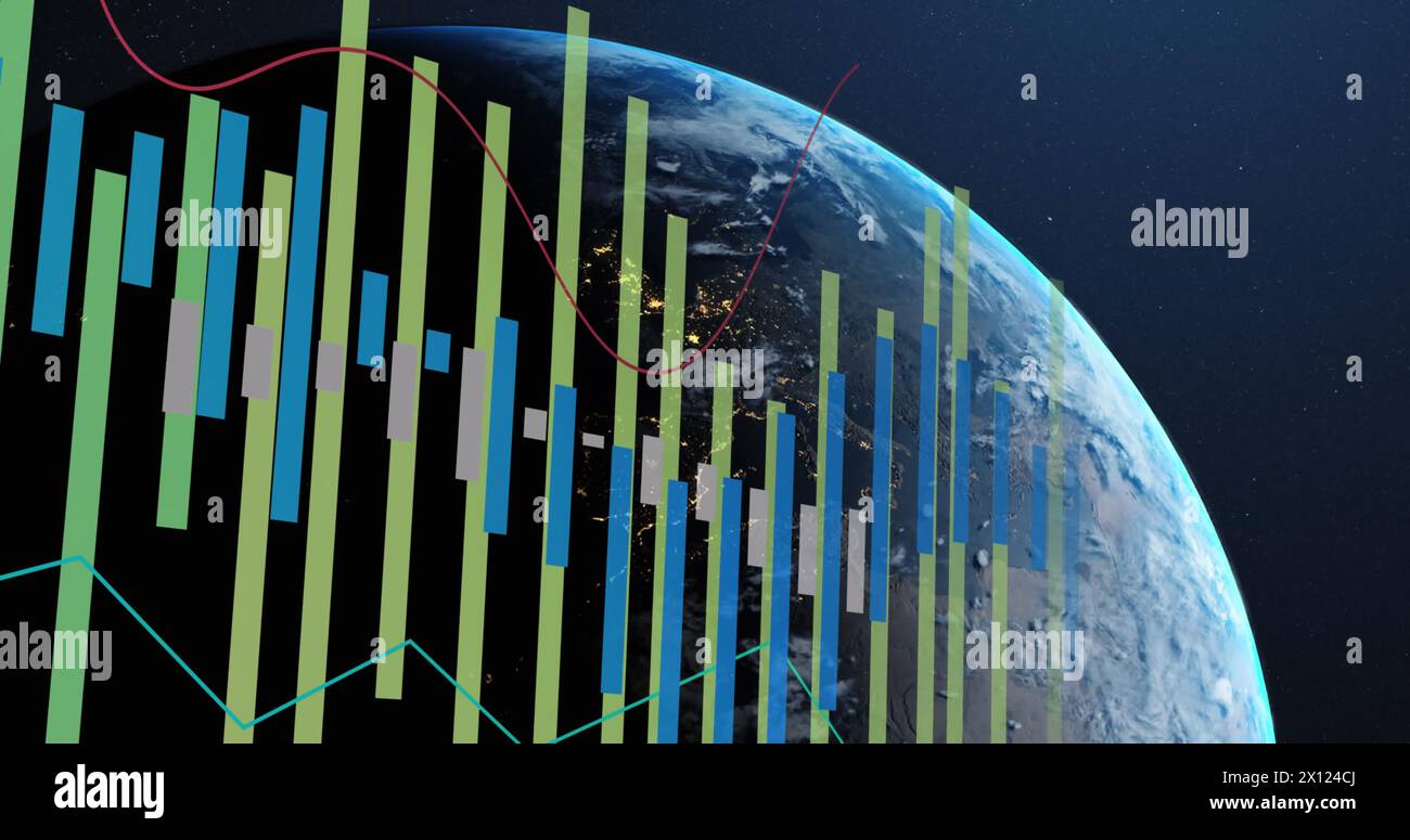 Image of statistics and data processing over earth globe on blue ...