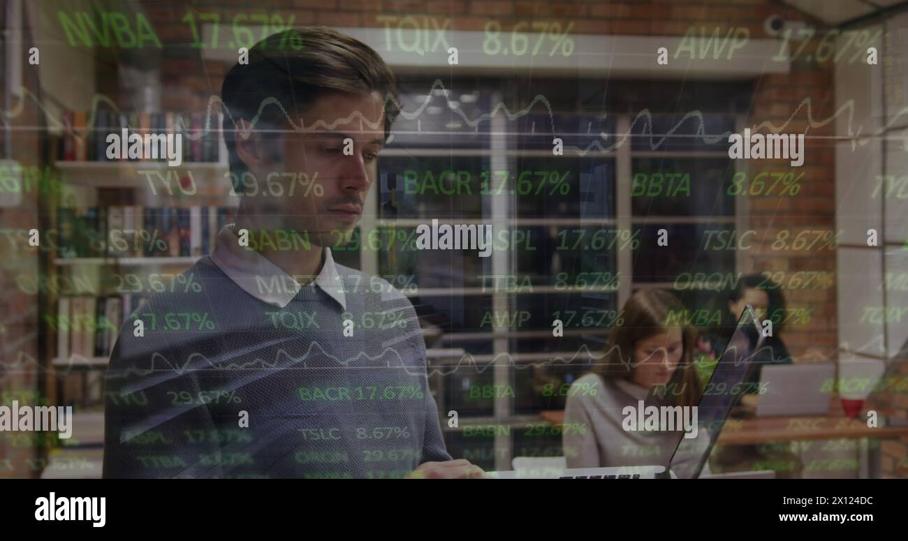 Image of data processing over diverse business people at office Stock ...