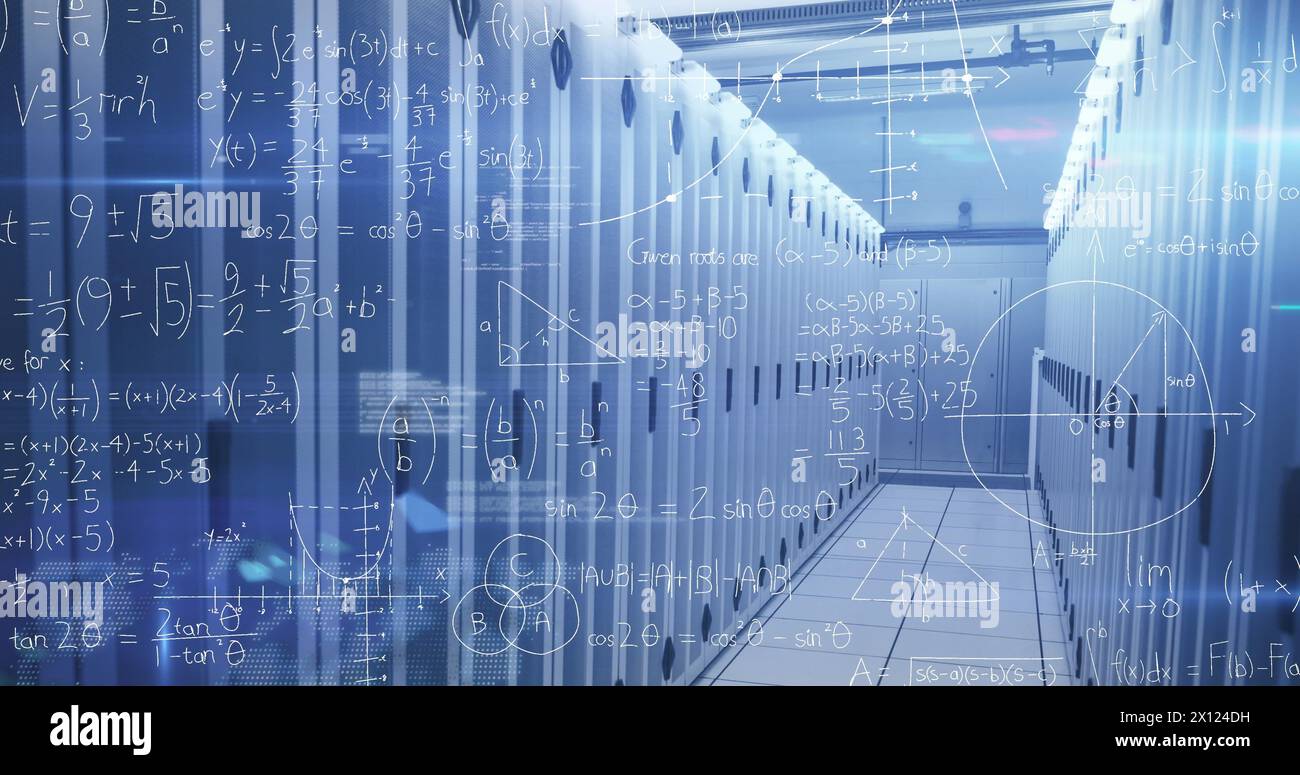 Image of mathematical equations and data processing over server room Stock Photo - Alamy