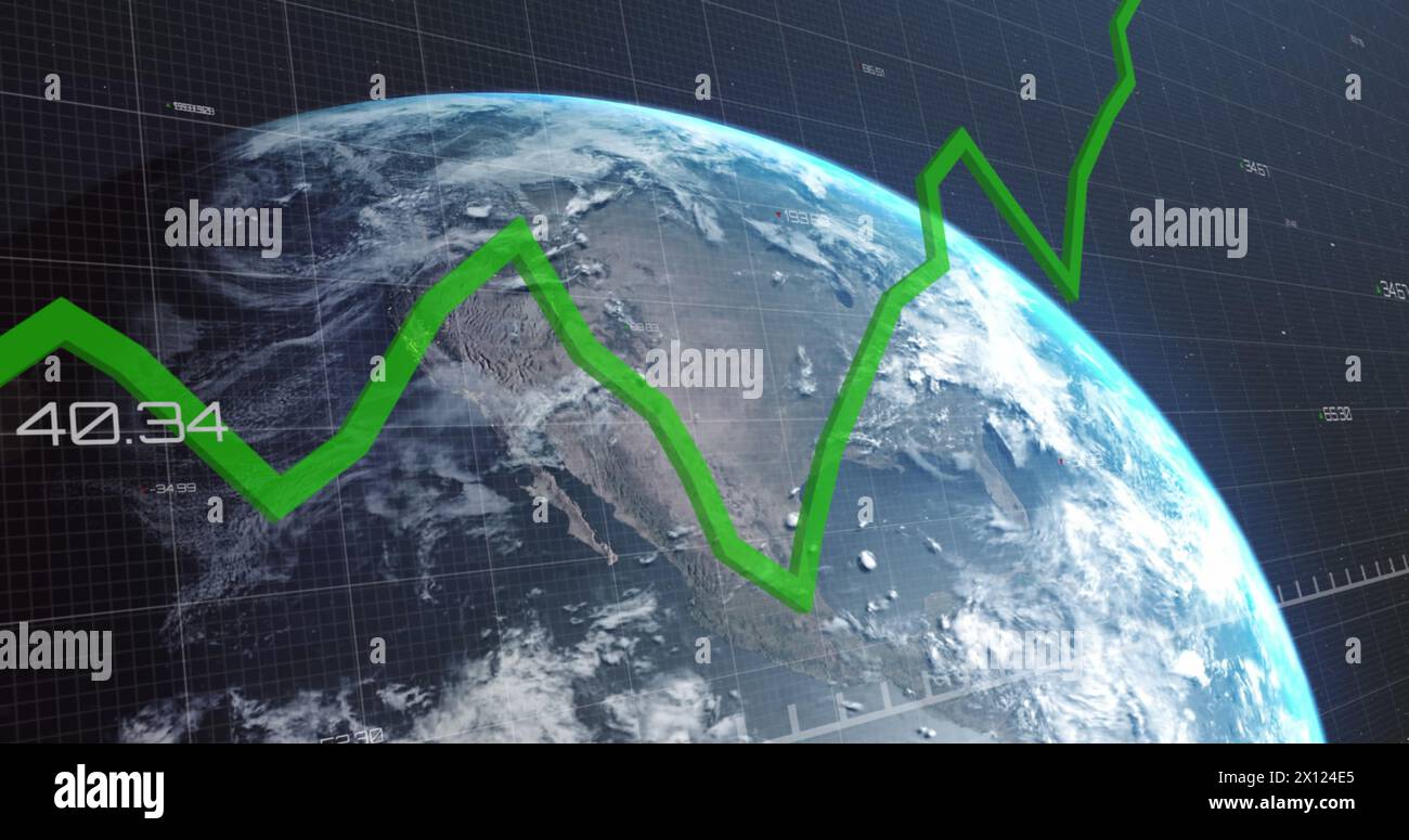 Image of statistics with green line and data processing over earth ...