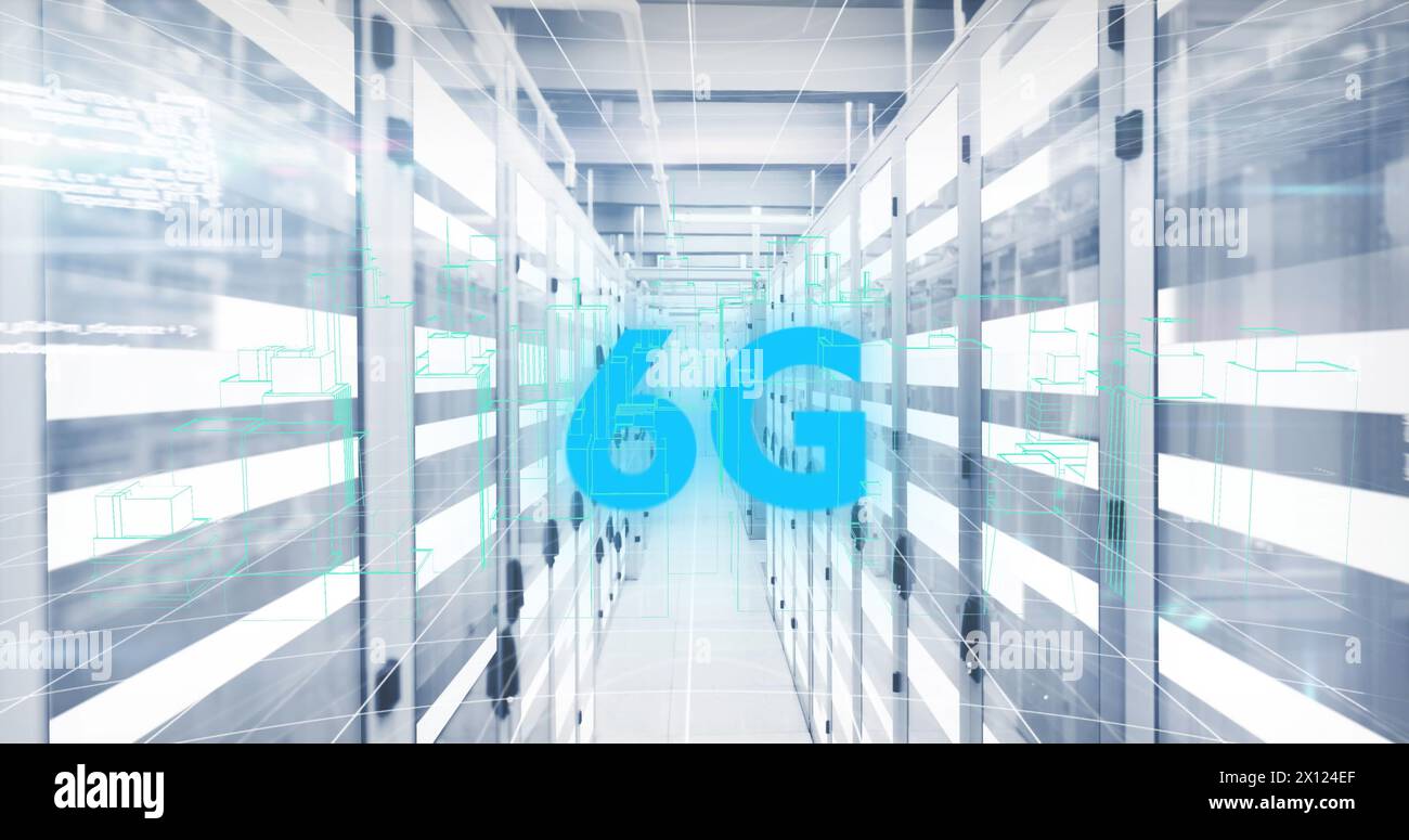 Image of multiple screens with data processing against light trails ...