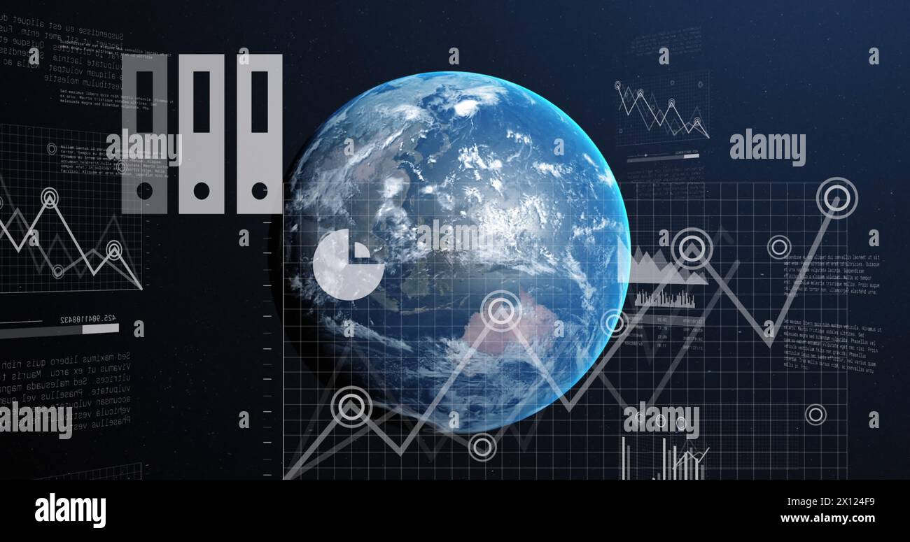 Image of statistics and data processing over earth globe on blue ...