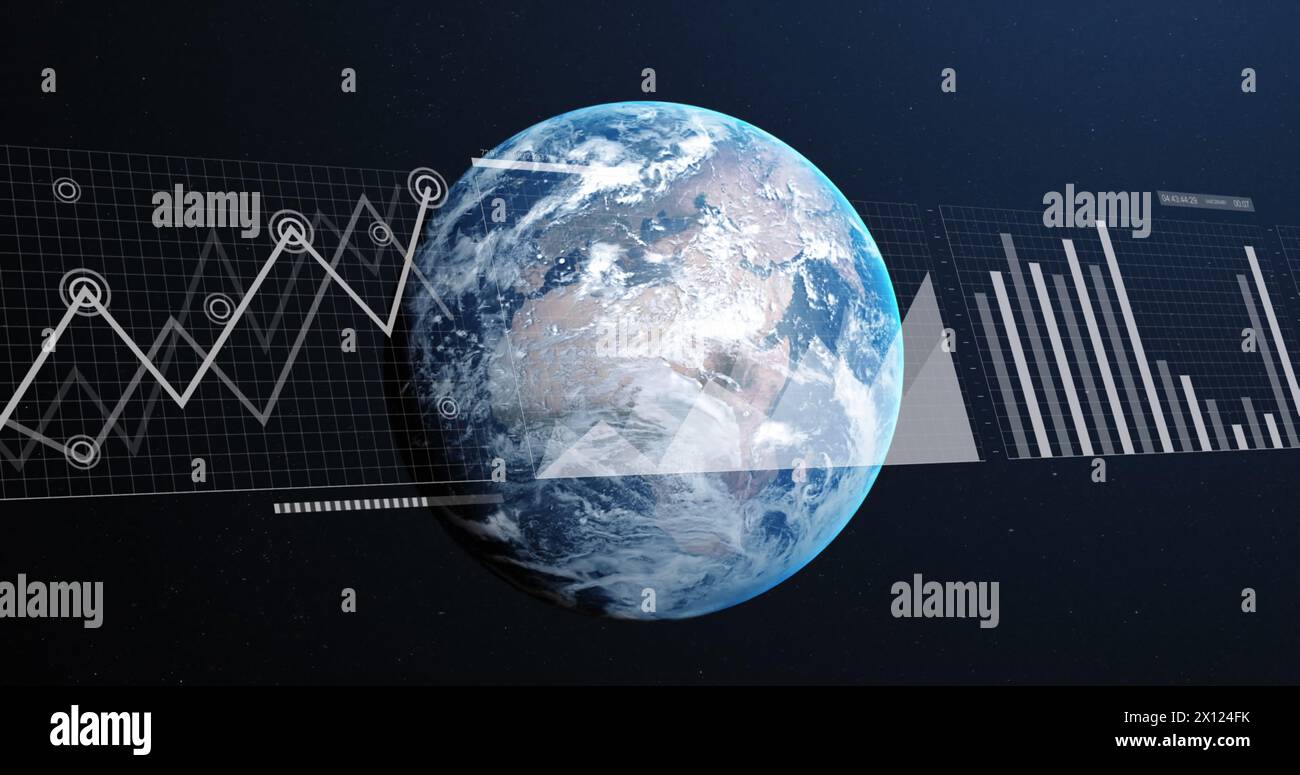 Image of statistics and data processing over earth globe on blue ...