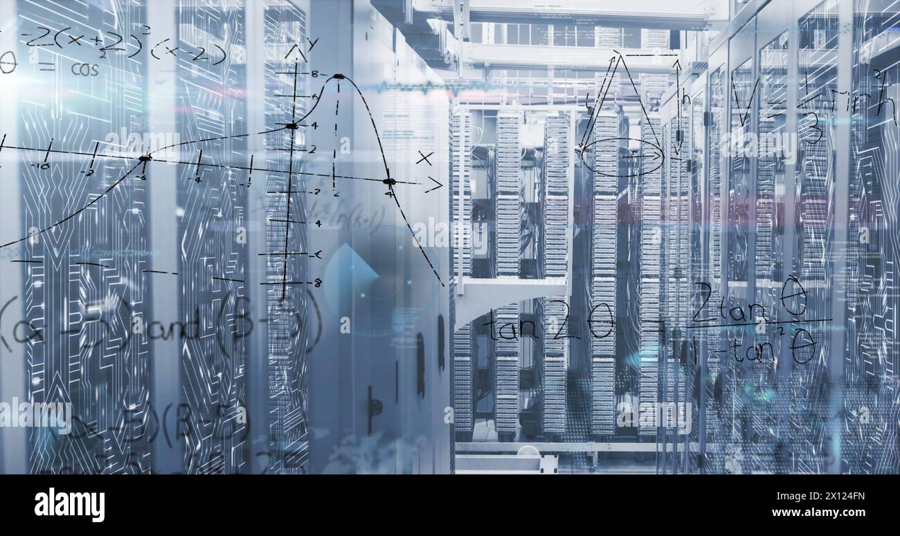 Image of mathematical equations and data processing over server room Stock Photo - Alamy
