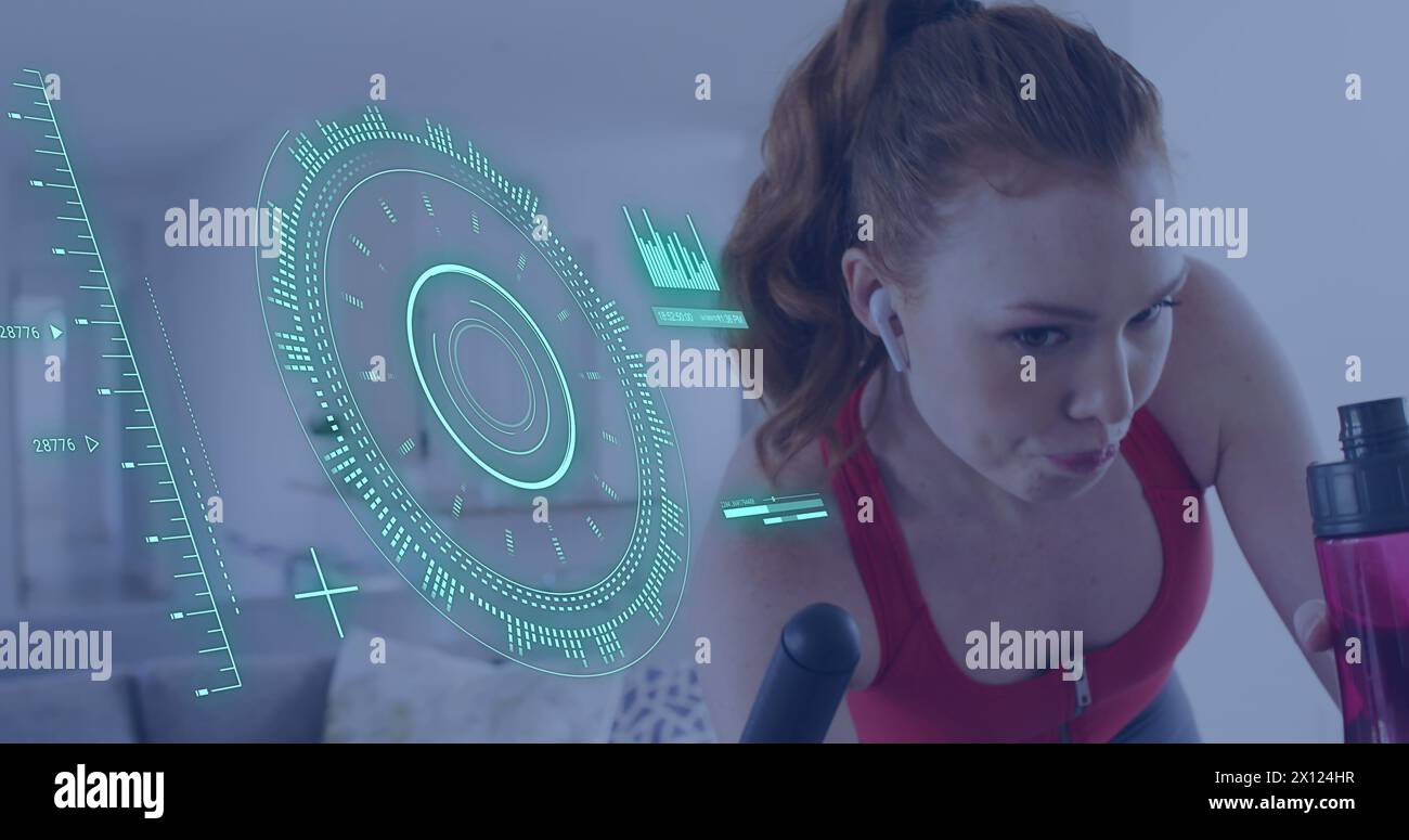 Image of data processing over caucasian woman exercising, using ...
