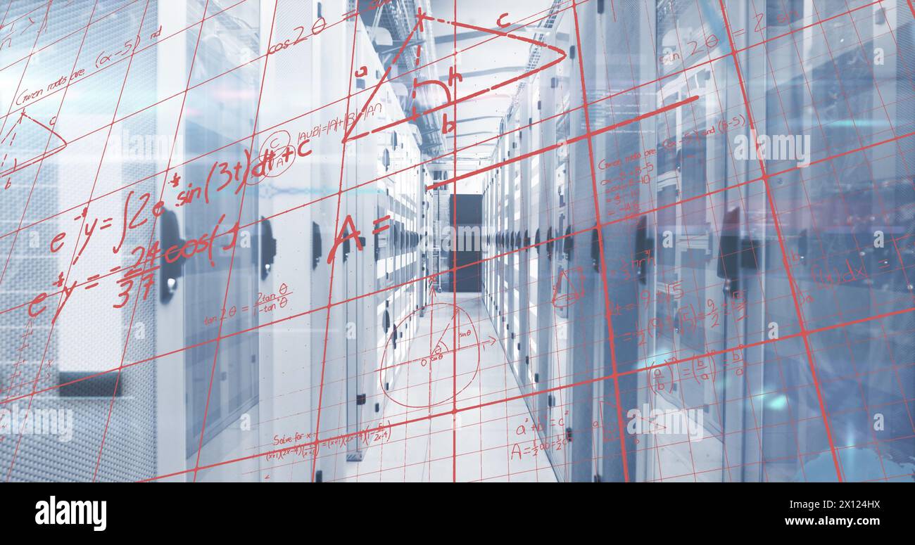 Image of mathematical equations and data processing over server room Stock Photo - Alamy