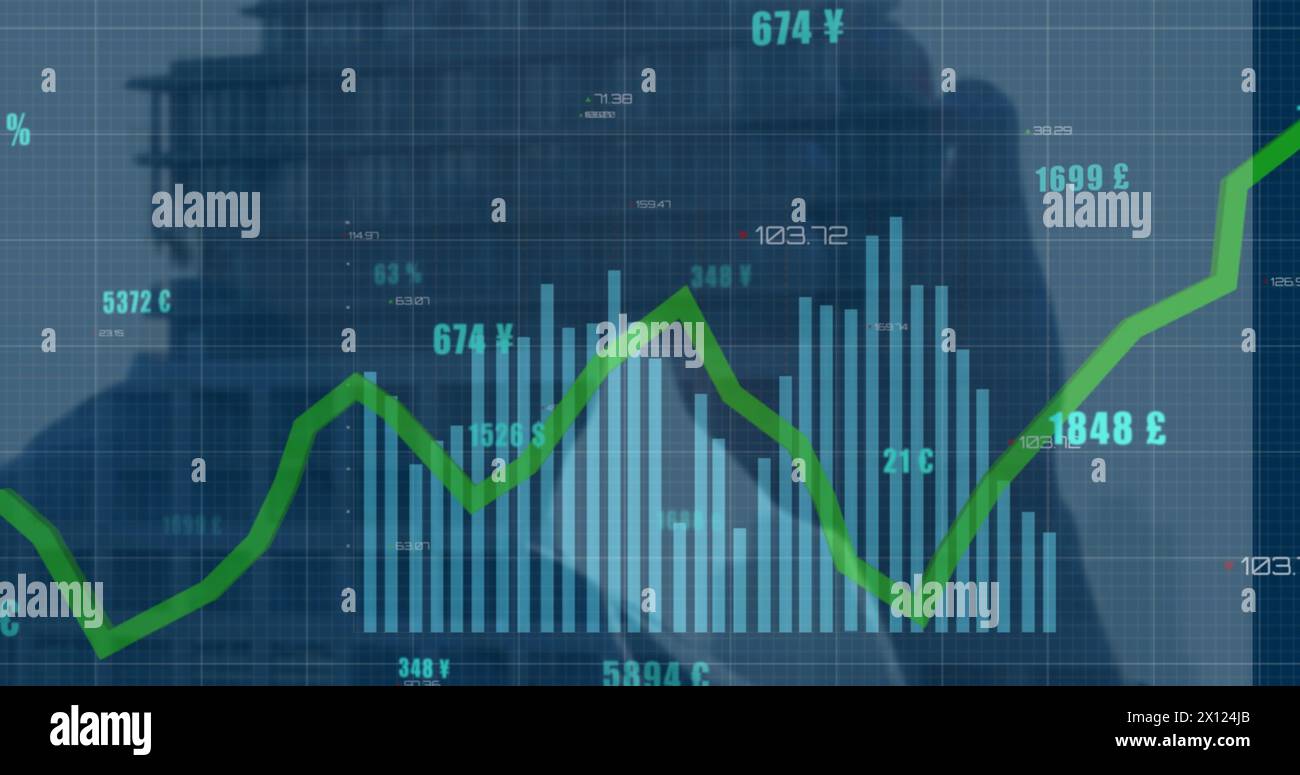 Image of financial data processing over grid and office building Stock ...