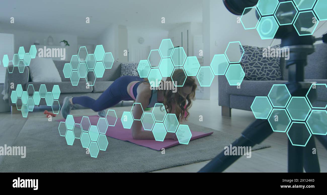 Image of data processing over caucasian woman exercising, recording ...