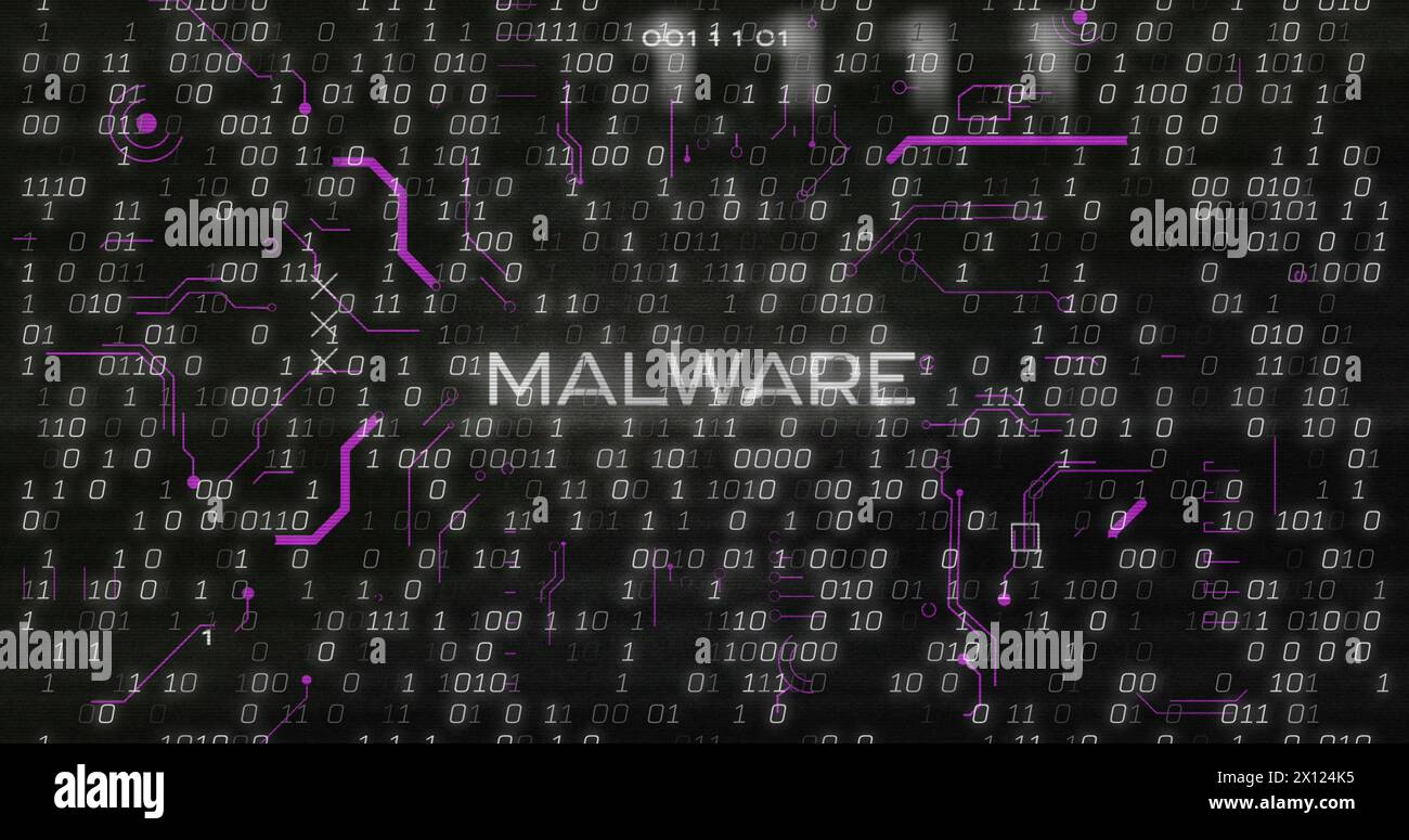Image Of X Symbol On Malware Text With Circuit Board Pattern Against Binary Codes In Background