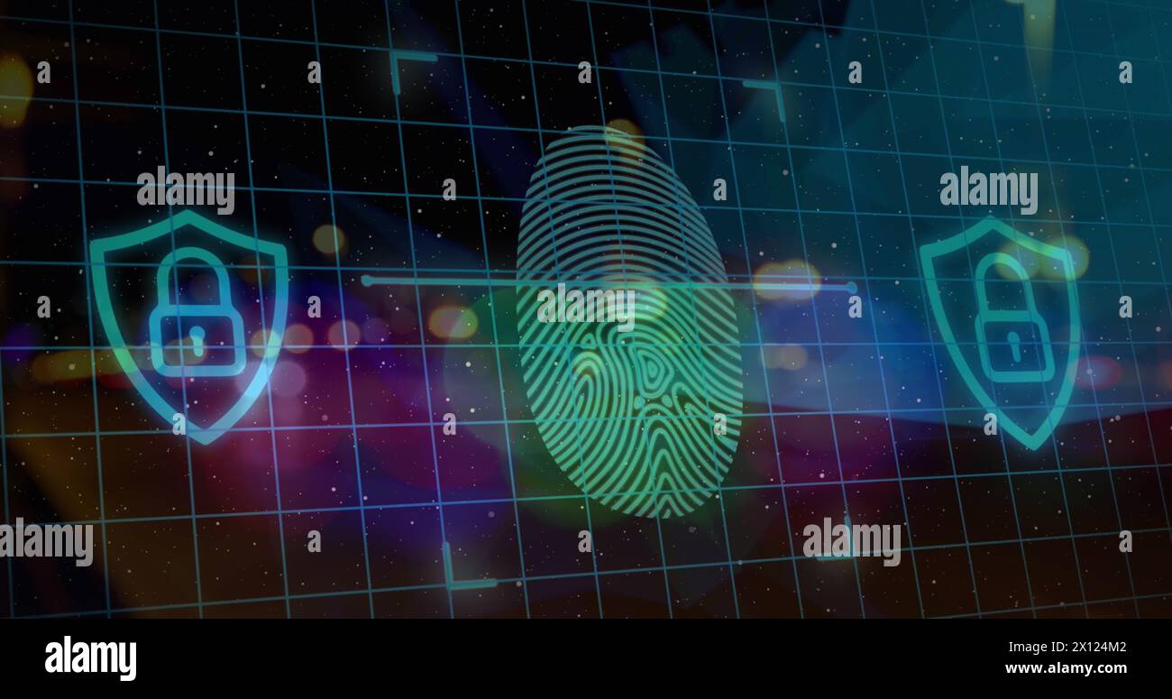 Image of data processing with biometric fingerprint over grid Stock Photo - Alamy
