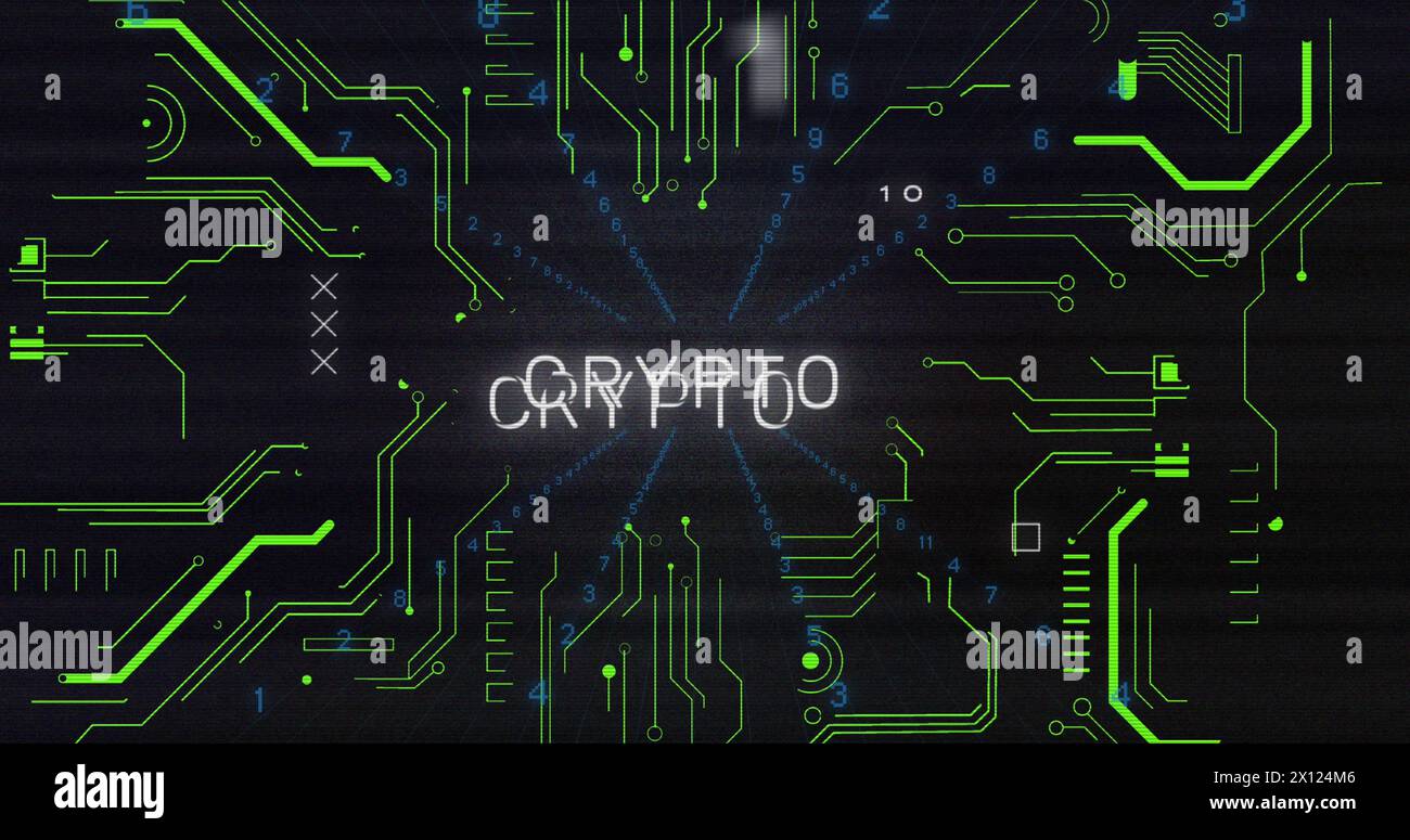 Image of crypto text with changing numbers and circuit board pattern against black background ...