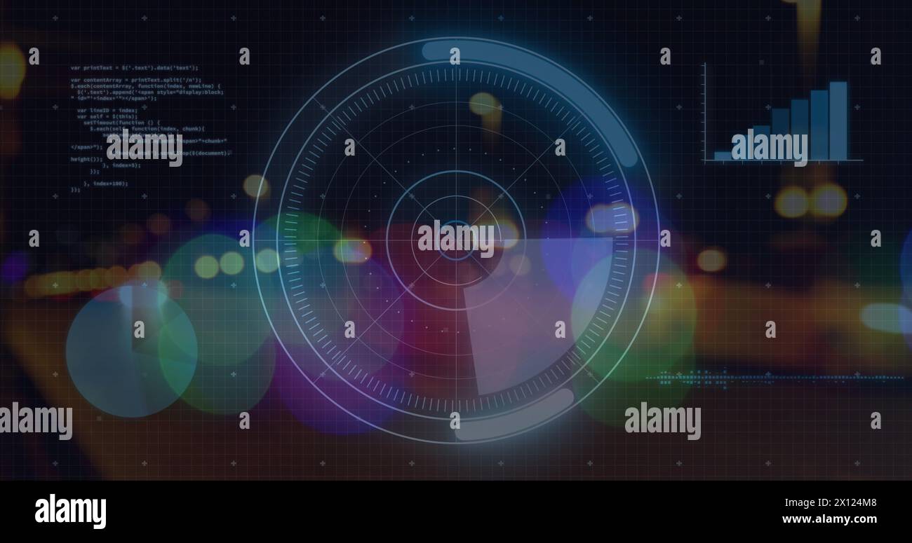 Image of radar, computer language, graphs over lens flare and moving vehicles on highway Stock ...