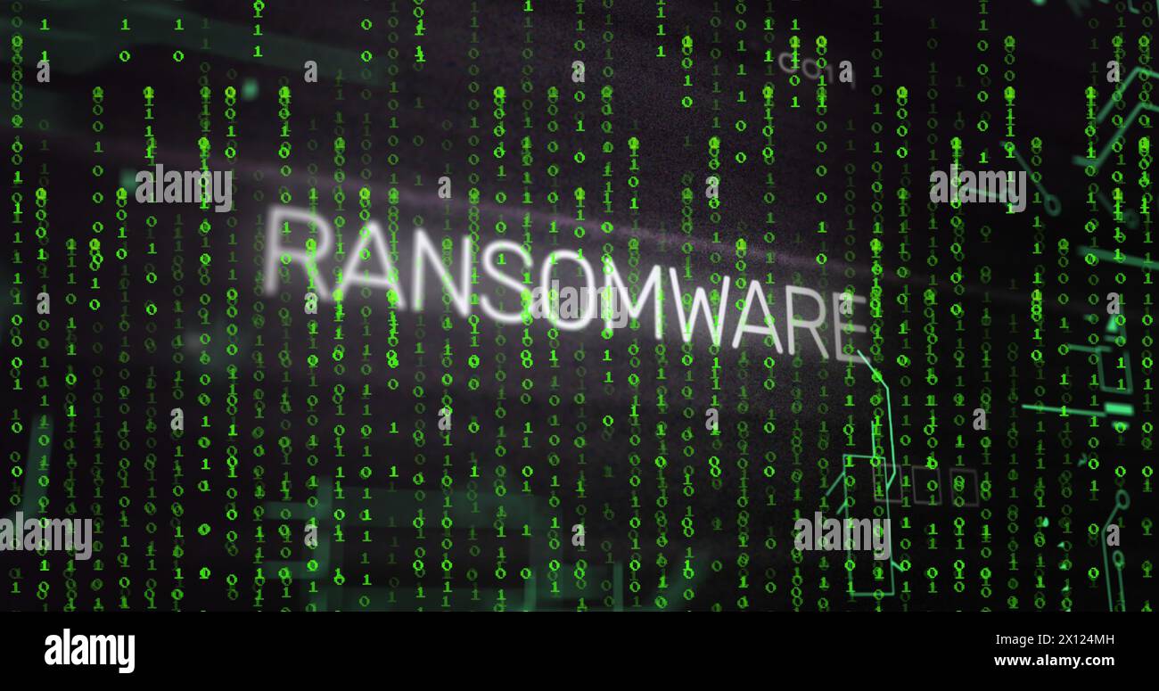 Image Of Ransomware Text With Circuit Board Pattern Over Binary Codes Against Black Background