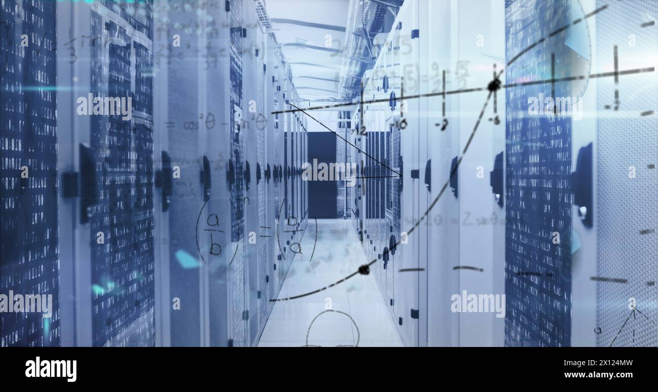 Image of mathematical equations and data processing over server room Stock Photo - Alamy