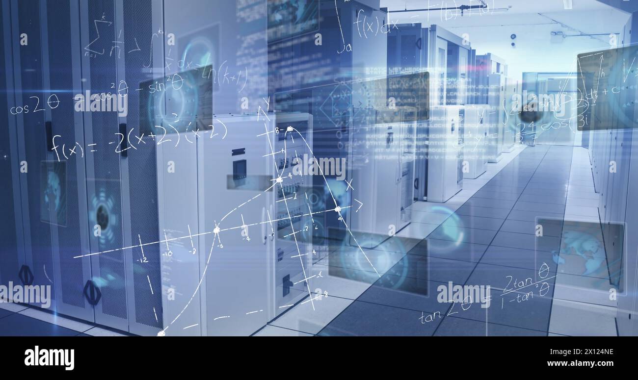 Image of scope scanning with data processing and mathematical equations over server room Stock ...