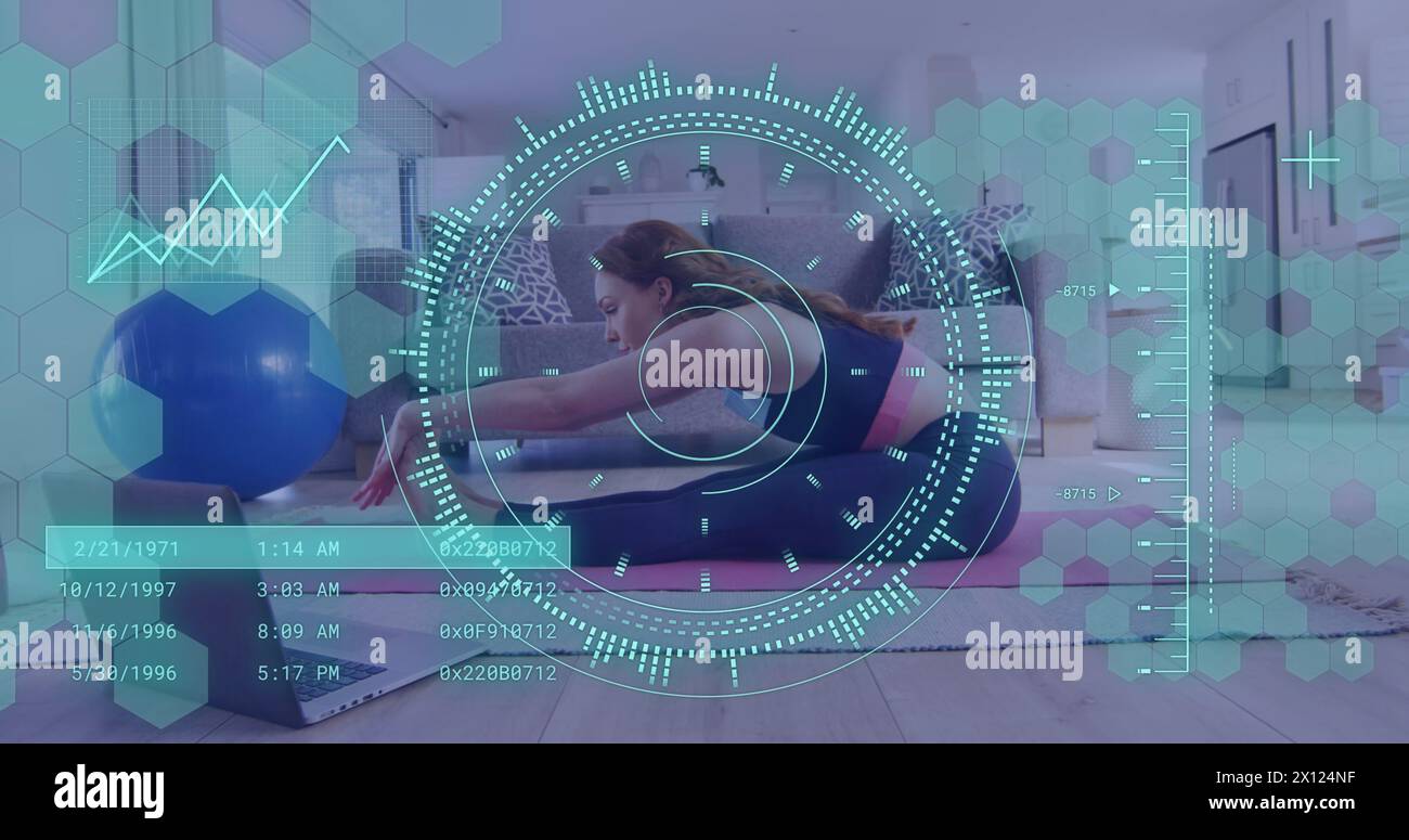 Image of data processing over caucasian woman exercising, using laptop. Global online vlogging ...