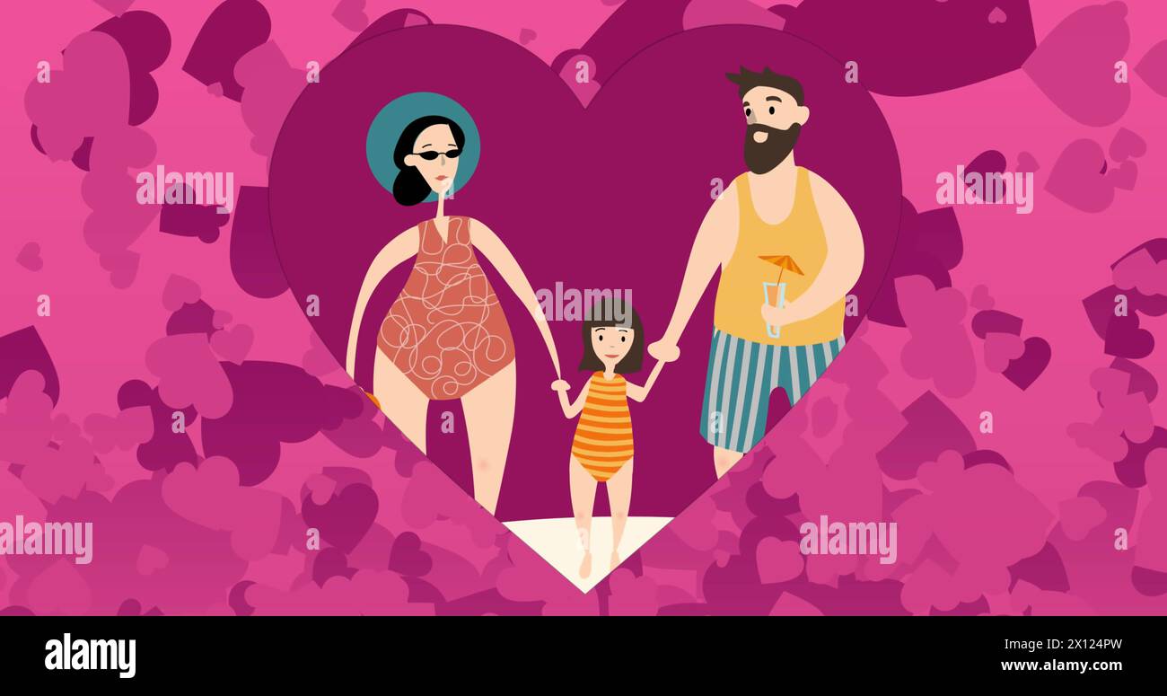 Image of multiple hearts over happy family with daughter at beach on ...